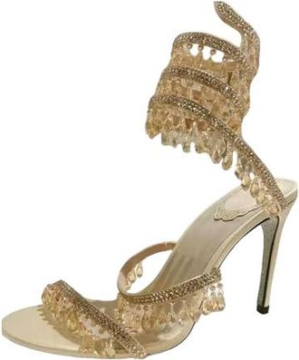 Generic YUJIEBB Sandales d&eacute;t&eacute; &agrave; talons hauts pour femme avec strass et perles de cheville serpent ficelle autour des chaussures de mariage sandales de gladiat