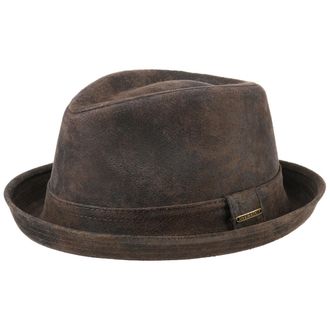 Stetson Radcliff Player Lederhut Damen Herren Pork Pie Leder Fedora Hut mit Baumwollfutter Einfarbiger Ledertrilby Sommer Winter braun XXL (62-63 cm)