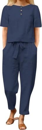 Generico Combinaison Femme Complète Coton et Lin dÉté Ensembles de Pantalons Deux Pièces Décontracté Complet Élégant Mode Manches Courtes Chemise et Pantalon L