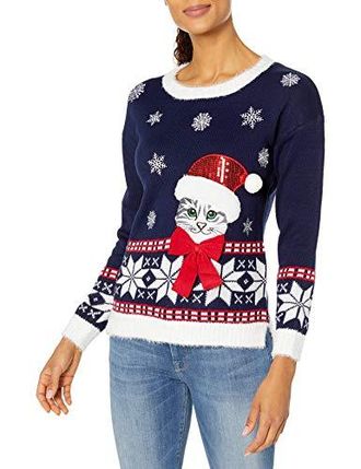 Blizzard Bay Damen Womens Ugly Christmas Cat Sweater Pullover, Midnight Blue, Gro&szlig;