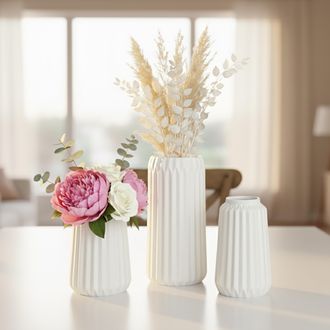 Relaxdays Vasen 3er Set, Blumenvasen, 3 versch. Gr&ouml;&szlig;en, Frisch- & Trockenblumen, Dekovase aus Keramik, Tischdeko, wei&szlig;