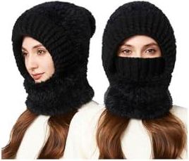 Generic Capuche en tricot thermique pour femme - Chapeau dhiver doubl&eacute; en polaire, cache-cou et couverture de visage Combo Bonnets &eacute;charpes Masque avec cache-