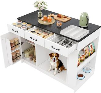 Liberte &Icirc;lot de cuisine, armoire &agrave; 3 tiroirs, 1 &eacute;tag&egrave;re &agrave; &eacute;pices, tablette r&eacute;glable, double tablette, Espace avec animaux de compagnie, 120x60x90 cm, blanc