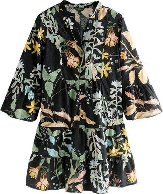 Next Minikleid Mini-Hemdblusenkleid mit Lochstickerei und Print (1-tlg)