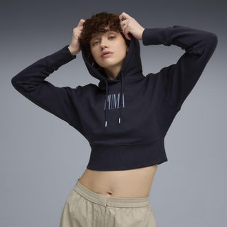 Puma Hoodie d&eacute;contract&eacute; avec motif Premium Essentials Femme, V&ecirc;tements, Bleu, XL
