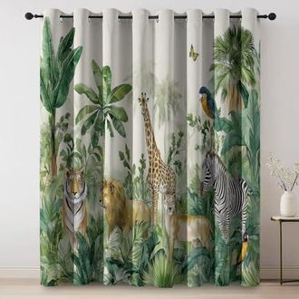 Generic 100% Rideau Occultant Vert Rideaux Occultant Thermiques &agrave; Oeillets, Rideau Opaque imprim&eacute;s Animaux Tropicaux Papillon De La Jungle Decoration pour Cha