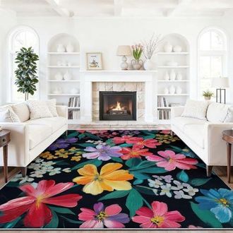 Generic Moderne Antid&eacute;rapant Tapis Color&eacute; - Doux R&eacute;sistant Lavable en Machine Tapis &agrave; Motif Style Champ&ecirc;tre Plante Floral Poil Ras Moquette pour Salon Chambre