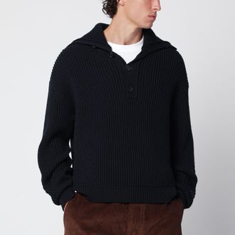 Dries Van Noten Marineblauer Pullover aus Rippstrickwolle