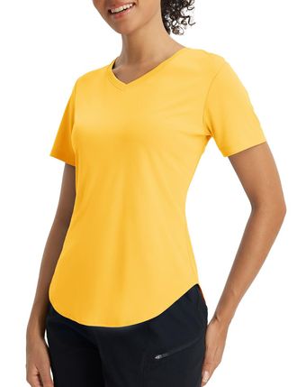 Baleaf T-Shirt Damen UV Shirt V Ausschnitt Laufshirt Sportshirt Kurzarm T-Shirts UPF 50+ Schnelltrocknend Sport Oberteile Gelb 3XL