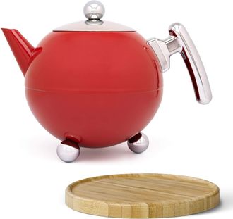 Bredemeijer Bella Ronde Edelstahl-Teekannen-Set 1,2 L - Doppelwandige Edelstahlkanne in Kugelform mit F&uuml;&szlig;en, rot - Mit braunem Untersetzer, ohne Siebeinsatz, idea