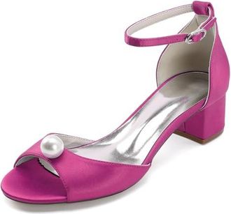 Generic Chaussures De Mariage Femmes Chunky Heels Ouvert Bout Mari&eacute;e Blocs Bas Sandales Dress F&ecirc;te Hauts Talons 4.5Cm,Fuchsia,35 EU