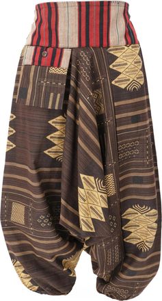 Guru Shop Haremshose mit Breitem Gewebtem Bund, Ikat Thai Pluderhose - Braun, Damen, Baumwolle