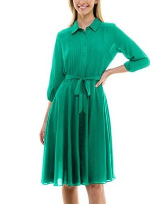 Nanette Lepore Elbow Sleeve Pintuck Shirt Dress with Self Lining Robe, Vert trèfle, 34 Femme