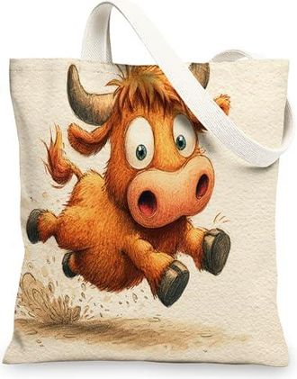 Generic Sacs fourre-tout réutilisables en toile de vache mignonne, motif animal de dessin animé, sacs dépicerie amusants, ludiques, légers et lavables pour sa