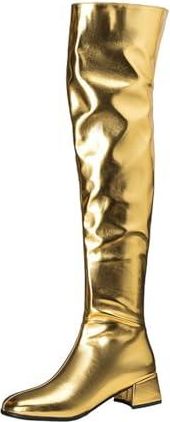 Generic Bottes M&eacute;talliques Femme sur Le Genou Talon Bloc Fermeture &Eacute;clair D&eacute;claration de Mode Finition Brillante Bottes Hautes pour Soir&eacute;e Tenue Streetwear So