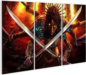 Islandburner Bild auf Leinwand Wütende Indische Mehrarmige Göttin Kali Gelbe Feurige Augen Schwerter Fantasy Bilder Wandbilder Poster BWLO-3P