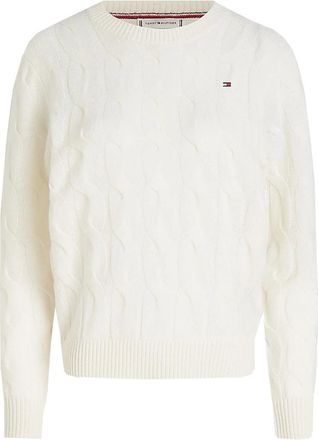 Tommy Hilfiger Pull en laine douce &agrave; col rond et torsades - Femme - Pulls - Blanc - Taille: 42 FR