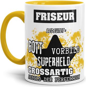 Tassendruck Berufe-Tasse Bedeutung Eines Friseur Innen & Henkel Gelb/Job/Tasse mit Spruch/Kollegen/Arbeit/Witzig/Mug/Cup/Geschenk-Idee/Beste Qualität - 25 Jahre E