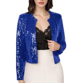 Generic Blazer Femme Veste &Agrave; Sequins &Eacute;l&eacute;gante pour Femme Manches Longues Ouverte sur Le Devant Cardigan Court Paillet&eacute; Col Rond Sexy Blazer Bol&eacute;ro Scintillant