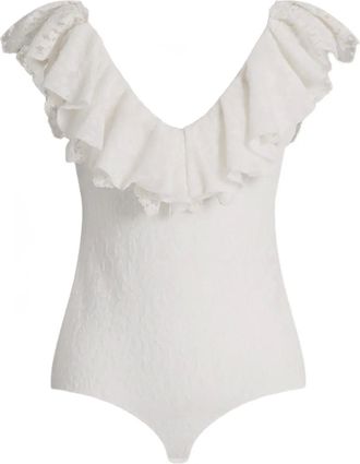 Alberta Ferretti Gerüschter Spitzenbody mit V-Ausschnitt - Weiß