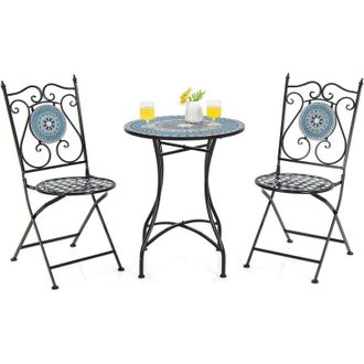 Costway Ensemble Bistrot pour Patio 3 Pi&egrave;ces en M&eacute;tal &agrave; Motif Mosa&iuml;que, Salle &agrave; Manger avec Table Ronde et 2 Chaises Pliantes, Ensemble Salon de Jardin pour