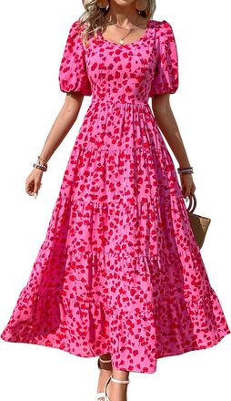 PrettyGarden Damenkleider 2024, Puff&auml;rmel, Blumenmuster, l&auml;ssig, gesmokt, r&uuml;ckenfrei, Strand, flie&szlig;endes Maxikleid, F-Rose rot, X-Gro&szlig;