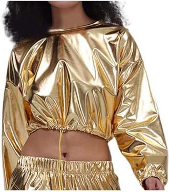 Generic 2026 Hauts m&eacute;talliques &agrave; manches longues pour femme haut court extensible brillant &agrave; manches longues et col montant pour clubwear chemisiers m&eacute;talliqu