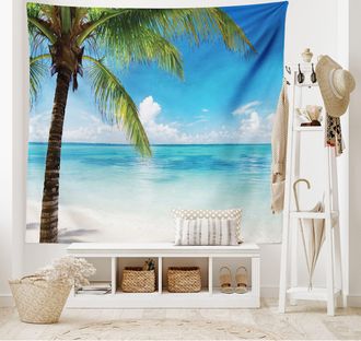 Abakuhaus Ozean Wandteppich und Tagesdecke, Exotische Strand-Küstenlinie aus Weiches Mikrofaser Stoff Waschbar ohne Verblassen Digitaldruck, 230 x 140 cm,Grün W