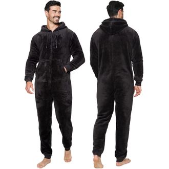 Noroze Erwachsene Herren Einfarbiger dicker kuscheliger weicher Fleece All-in-One Overall Schlafanzug Einteiler Nachtwäsche (XXL, Schwarz)