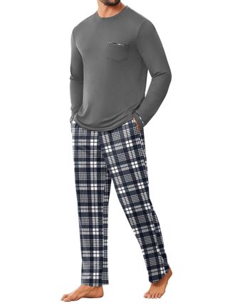 Ekouaer Herren Schlafanzug Lang - Nightwear Set Rundhals Nachtwäsche Langarmshirt und Pyjamahose für Männer, Dunkelgrau, L