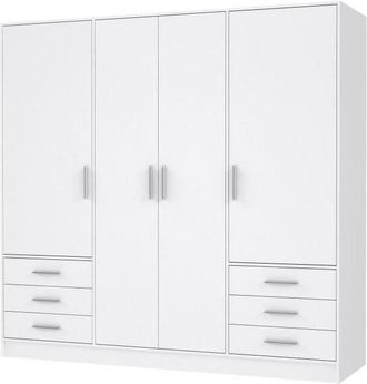Les Tendances Les Tendances - Armoire moderne 4 portes battantes 6 tiroirs - Finition blanc mat - Dimensions L 206,5 x P 60 x H 200 cm - Tringle &agrave; habits incluse