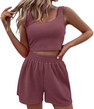 Generic Ensemble 2 pi&egrave;ces de short d&eacute;t&eacute; pour femme avec haut &agrave; manches courtes et short, marron, L