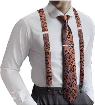 Barry.Wang Ensemble bretelles et cravates pour homme type X avec pince à cravate motif cachemire pour mariage, bal de fin dannée, doré, taille unique