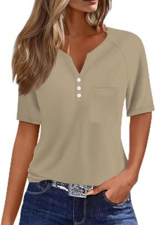 Generic T-shirt Henley à manches courtes et col en V boutonné pour femme - T-shirt dété décontracté uni, kaki, XL