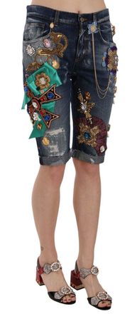 Dolce & Gabbana Womens Blue Denim Mid Waist Crystal Capri Shorts Cotton