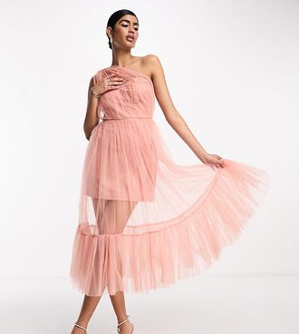 Lace & Beads Linvit&eacute;e - Robe asym&eacute;trique mi-longue en tulle transparent - Blush-Rose