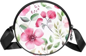 Generic Petit sac &agrave; bandouli&egrave;re circulaire pour femme, motif feuilles florales, sac &agrave; dos avec fermeture &eacute;clair, bretelles r&eacute;glables, sac &agrave; main rond d&eacute;contra