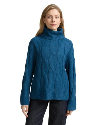 Tom Tailor Damen 1048322 Rollkragenpullover mit Zopfmuster, 38879-Dark Petrol Melange, XL