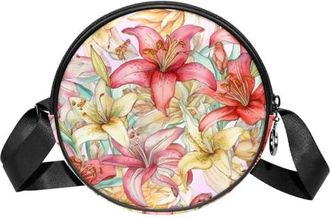 Generic Sac &agrave; bandouli&egrave;re rond pour femme, motif lys de dessin anim&eacute;, petit sac &agrave; bandouli&egrave;re avec fermeture &eacute;clair, bretelles r&eacute;glables, sac &agrave; main rond d&eacute;co