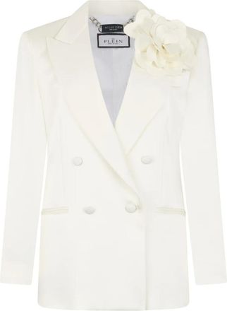 Philipp Plein Femme, Vestes, Blanc, Taille: 42 FR Blazer Satin&eacute; Crois&eacute; Roses