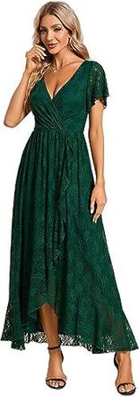 Ever-pretty Robe Mère de Mariage Longue Dentelle High Low Manches Fluides Col V Femmes Robes de Soirée Vert Foncé 38