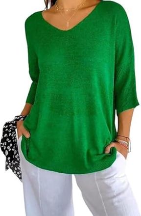 Generic Frontley Haut tricoté à col en V de couleur unie, haut à manches 3/4, pull décontracté, doux et léger, Vert, 5XL