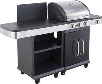 COOK IN GARDEN CookIn Garden - Barbecue &agrave; gaz 3 br&ucirc;leurs inox 11,5 kW - Desserte avec roues multidirectionnelles - Capacit&eacute; jusqu&agrave; 10 convives - Dimensions L 182
