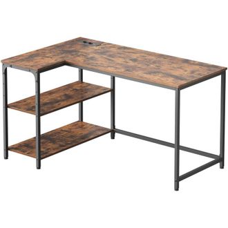 Vasagle Bureau en L, &Eacute;tag&egrave;res R&eacute;glables avec Rangement, Prises &Eacute;lectriques et Ports USB, 120 x 80 cm, Marron