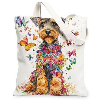 Generic Sac fourre-tout en toile motif Airedale Terrier de printemps 33 x 38,1 cm, joli sac d&eacute;picerie r&eacute;utilisable pour femme, motif animal de compagnie, d&eacute;co