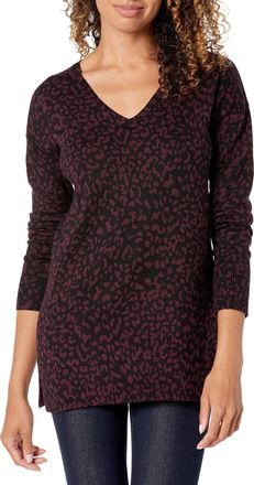 Amazon Essentials Damen Leichter Tunika-Pullover Mit Langen Ärmeln Und V-Ausschnitt (Erhältlich In Übergröße), Schwarz Tiermuster, XXL
