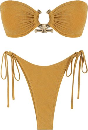 Zaful Bandeau-Bikini-Set mit Metallringen, seitlich zum Binden, hoher Schnitt, 2-teiliger Badeanzug mit Cut-Out-Bademode, goldgelb, Medium