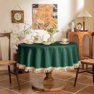 Generic Nappe ronde de 120 cm moderne en polyester aspect lin avec pompons lavable et r&eacute;sistante aux taches pour salle &agrave; manger et &eacute;v&eacute;nements, d&eacute;coration dint