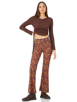 Koton Flare Leg Trousers Floral Elastic Waist