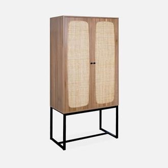 Sweeek Buffet rétro décor Bois foncé et cannage 2 Portes avec Pieds en métal Noir H165cm